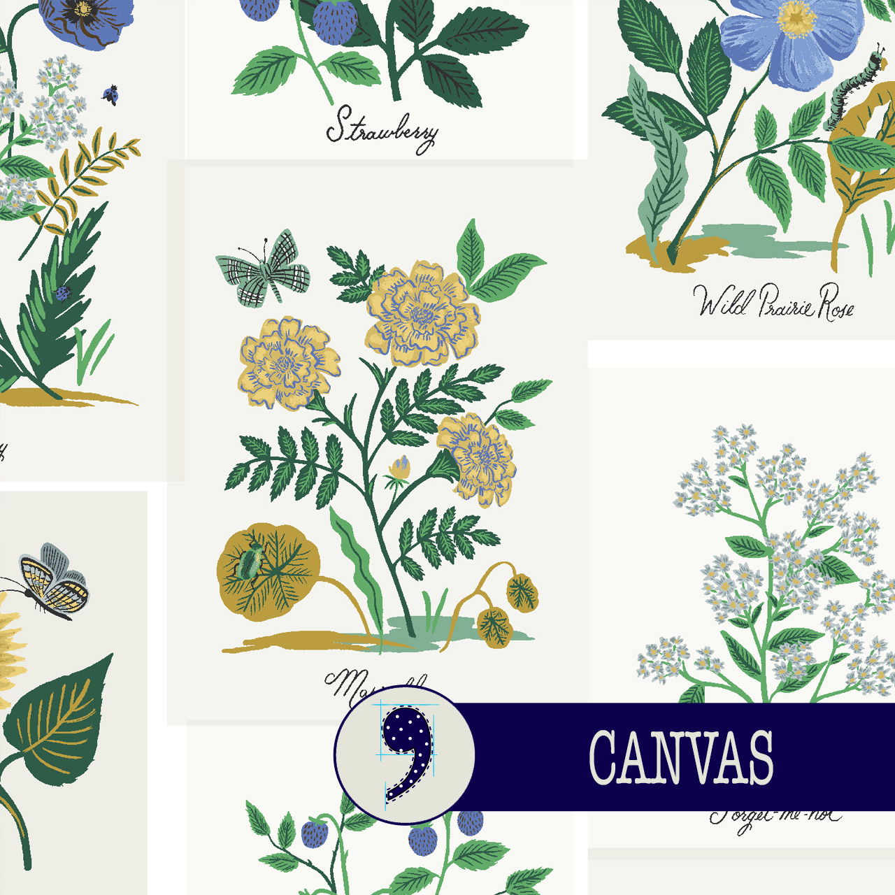RIFLE PAPER CO, CURIO, Botanical Prints in Blue Multi CANVAS (Cotton ...