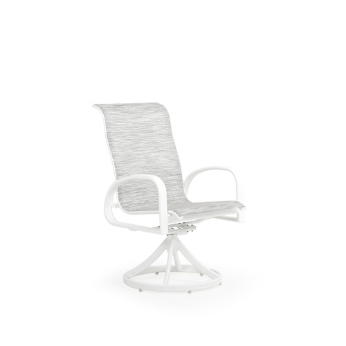 Madeira Outdoor Sling Swivel Dining Chair in Textured White with Caribbean Cane Sling