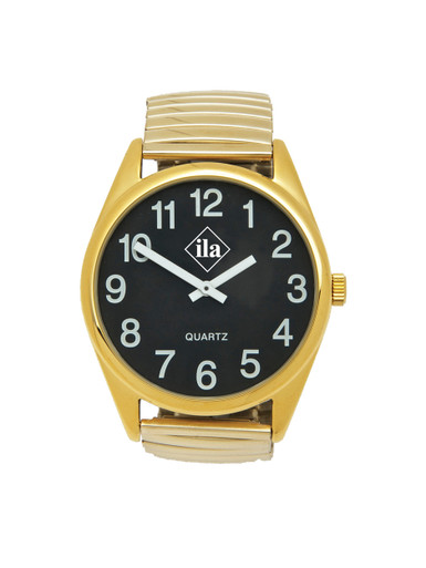 Low Vision Gold Tone Watch With Black Face and Expansion Band ...