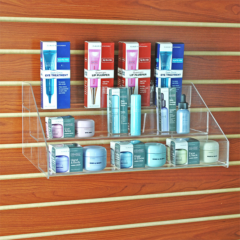 Three-Tier Shelf Step Display for Pegboard and Slat wall, 16” wide