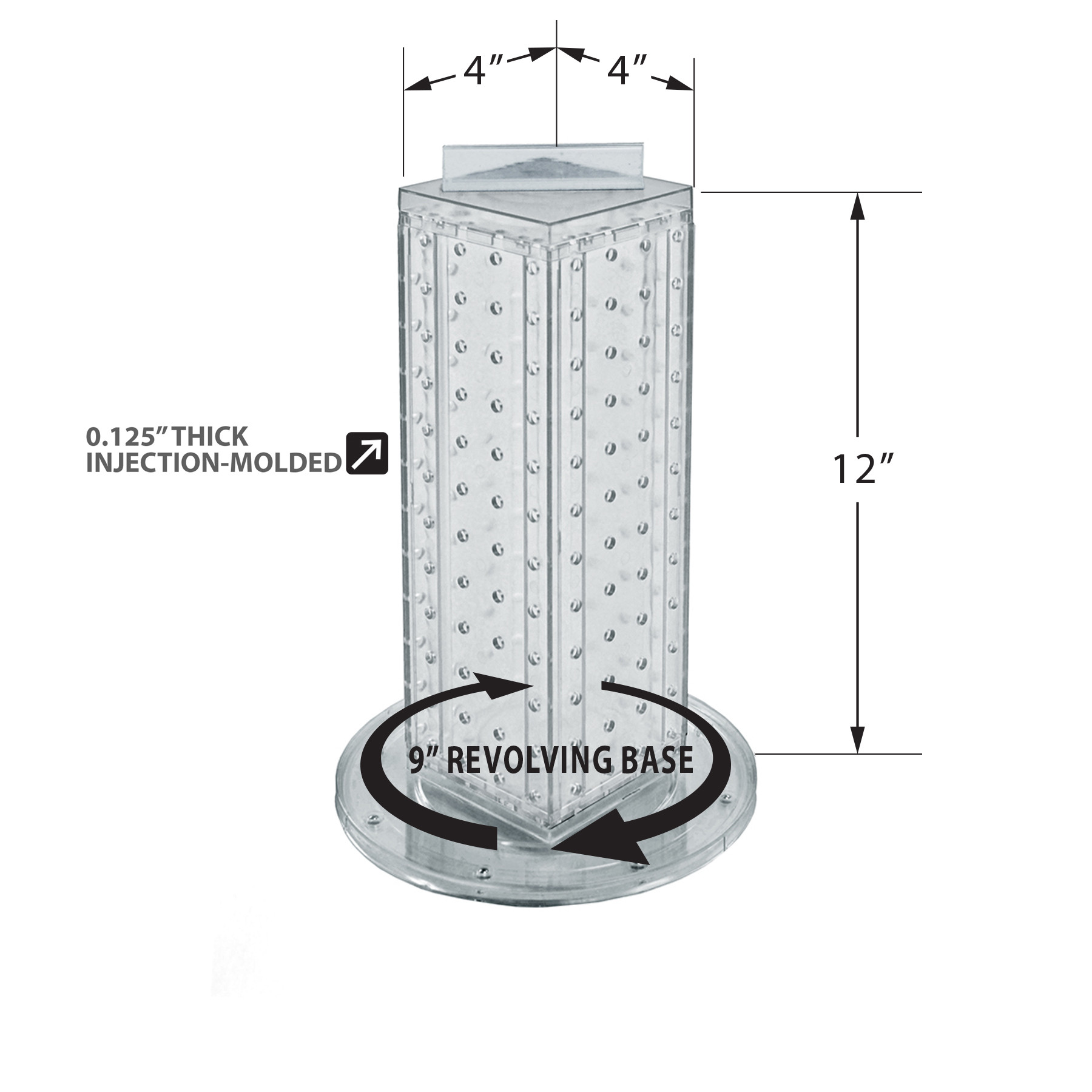 Four-sided 4"W x 12"H Pegboard Tower with Revolving 9" Base - Azar Displays