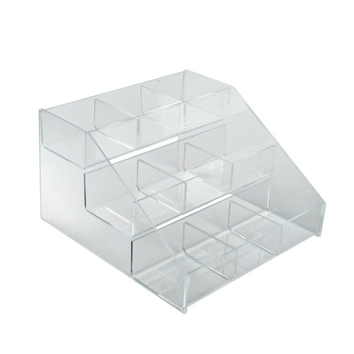 Three-Tier Shelf, 9 Compartment Counter Step Display, 12” wide