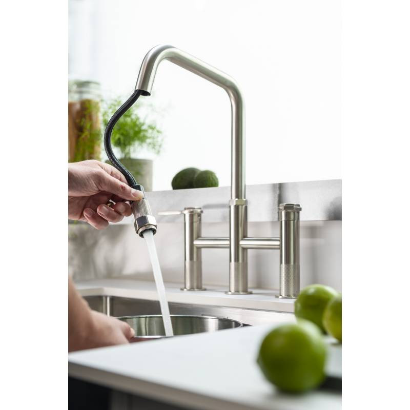 Abode Hex Bridge Nickel, Brushed Dual Kitchen Tap | Sinks.co.uk