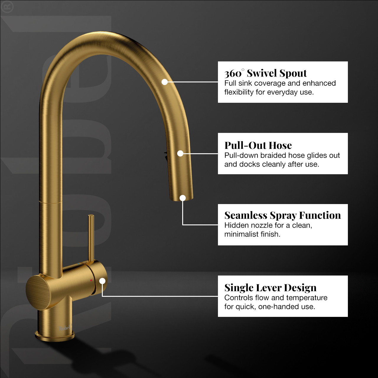 Riobel Azure Brushed Gold Pull Down Kitchen Mixer Tap