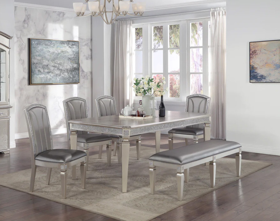 6 PC Platinum Silver Extending Dining Table Set - Seats 6 Persons