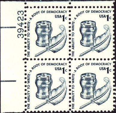 1977 1¢ Inkwell & Quill Plate Block - H.E. Harris