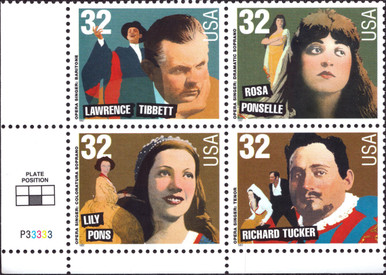 1997 32¢ Opera Singers - 4 Varieties, Attached Plate Block