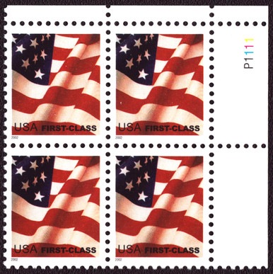 2002 (37¢) Flag "First Class" Plate Block - H.E. Harris