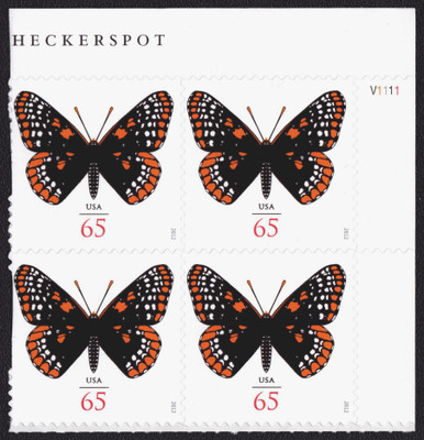 2012 65¢ Baltimore Checkerspot Butterfly Plate Block - H.E. Harris