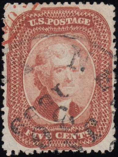 1858 5¢ Jefferson Type I Brick Red, Certificate - Grade VF 80, Used