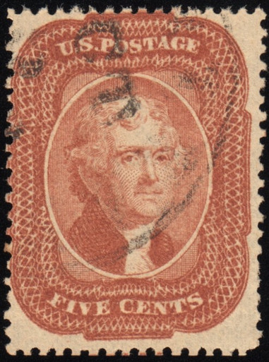 1858 5¢ Jefferson Type I Brick Red, Light Cancel Used