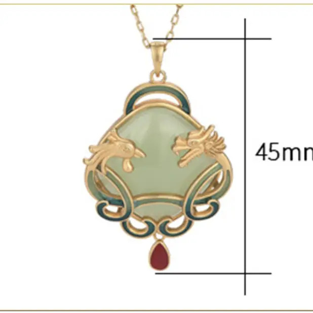 Dragon Phoenix Jade Necklace, 24K gold-plated copper