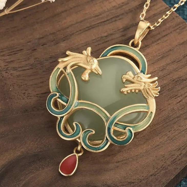 Dragon Phoenix Jade Necklace, 24K gold-plated copper