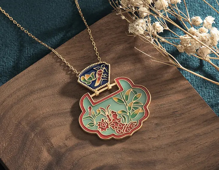 Chinese Lock Enamel Necklace, 24k Gold-Plated Copper