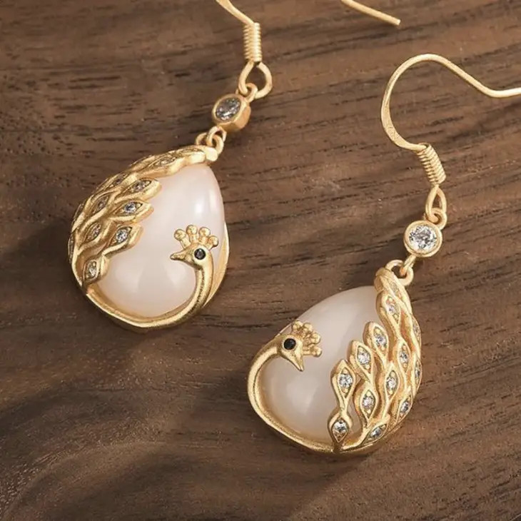 Golden Peacock Jade Earrings, Made in USA