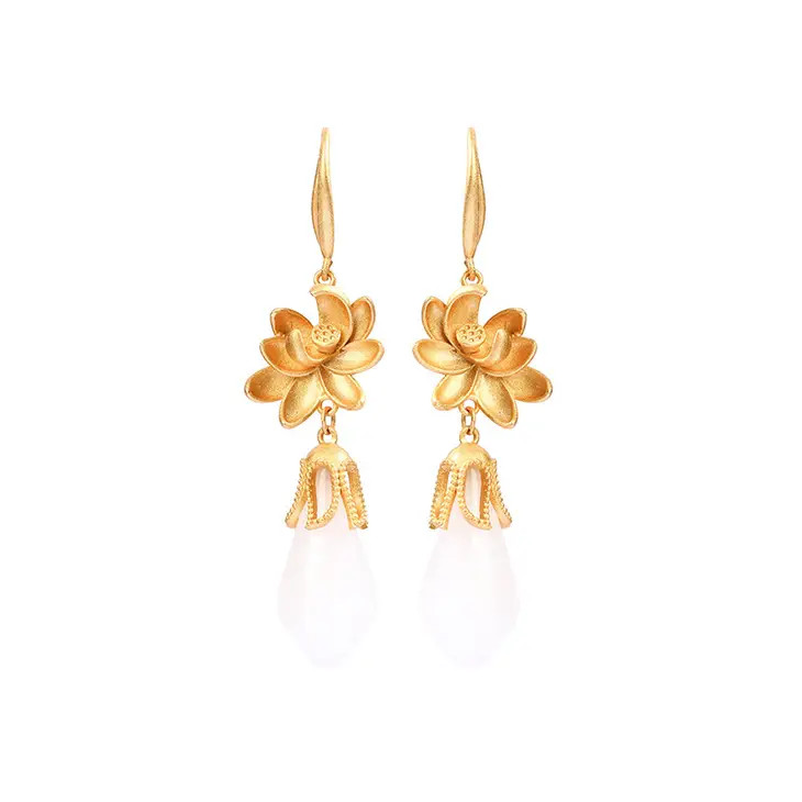 Blooming Lotus Gold Jade Earrings, 24k Gold-Plated Copper