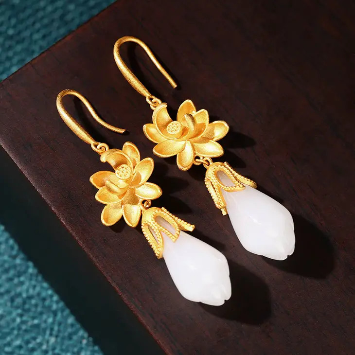 Blooming Lotus Gold Jade Earrings, 24k Gold-Plated Copper