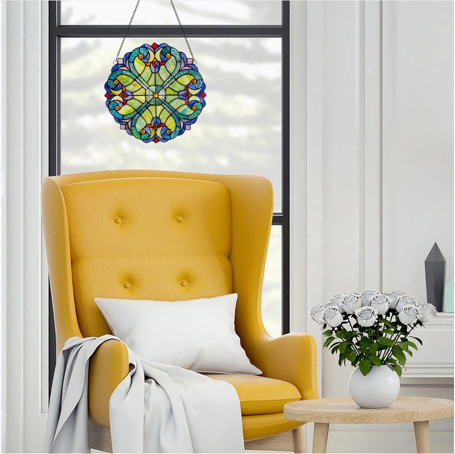 Blue Halston Tiffany Style Stained Glass Window Panel