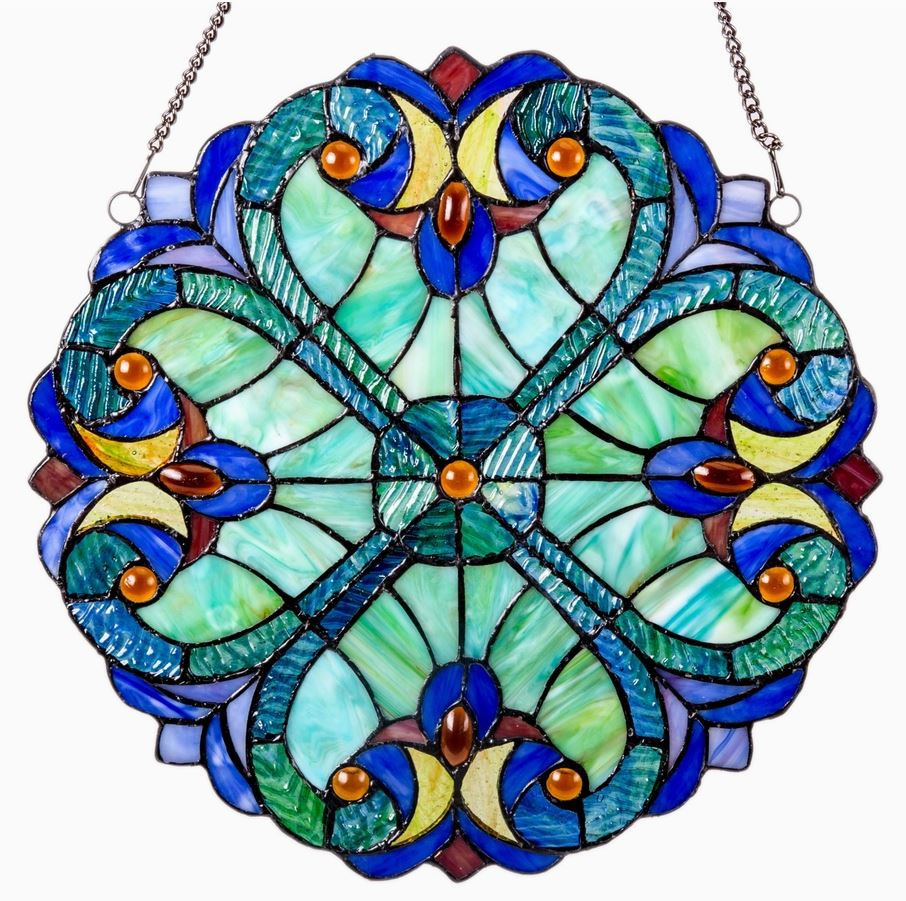 Blue Halston Tiffany Style Stained Glass Window Panel