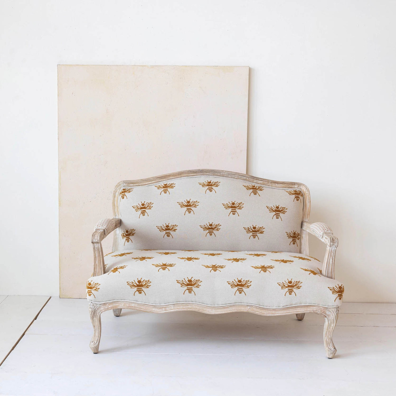 Cotton & Linen Upholstered Bee Sofa w/ Mango Wood Frame