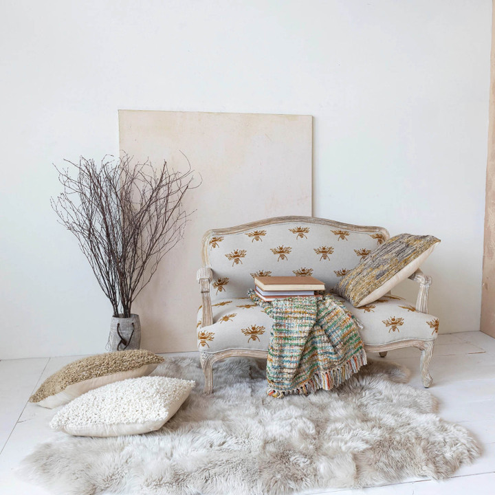 Cotton & Linen Upholstered Bee Sofa w/ Mango Wood Frame