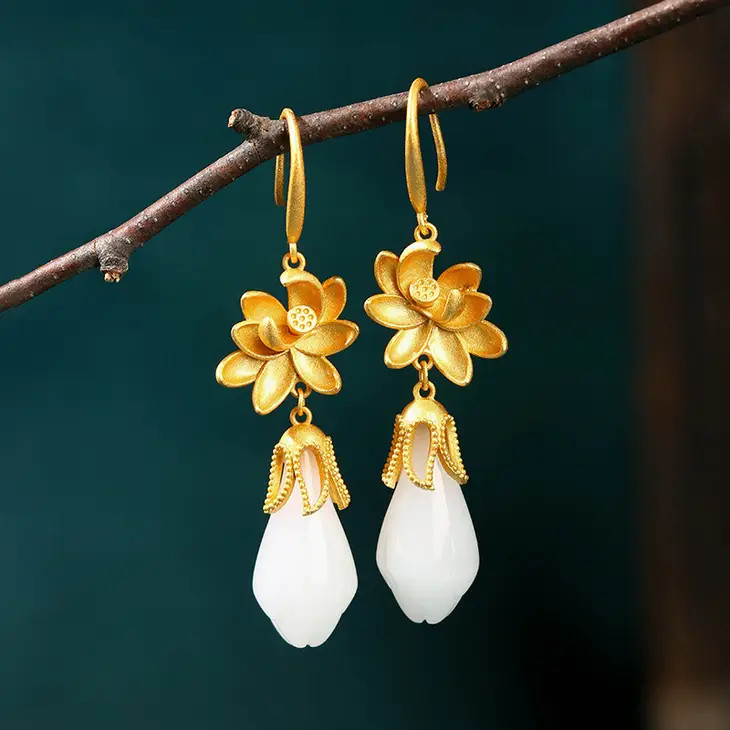 Blooming Lotus Gold Jade Earrings, 24k Gold-Plated Copper