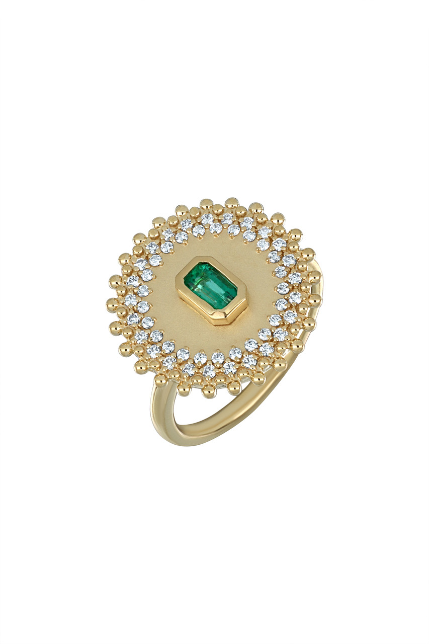 18K Yellow Gold Emerald w/ Natural Diamond El Mar Sol Medallion Ring