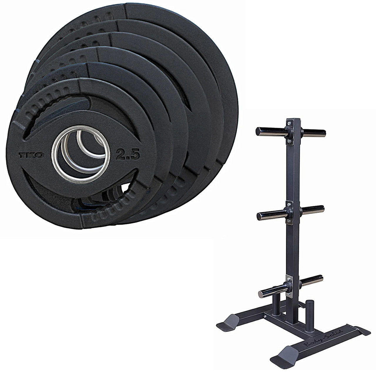 TKO Olympic Rubber Dual Grip Plate Set (670 lb.) w/ Weight Tree