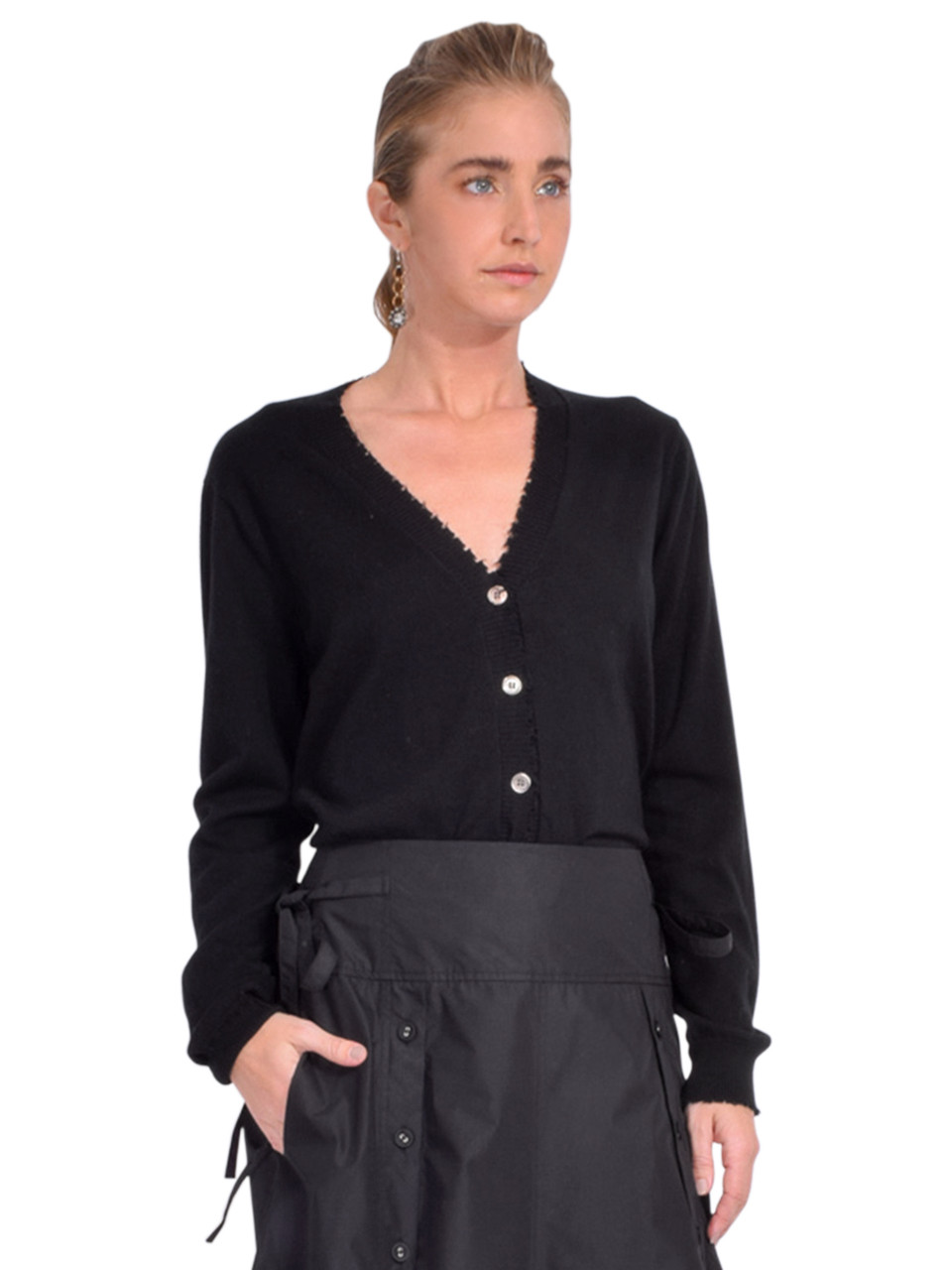 MINNIE ROSE Cotton Cashmere Frayed Cardigan in Black