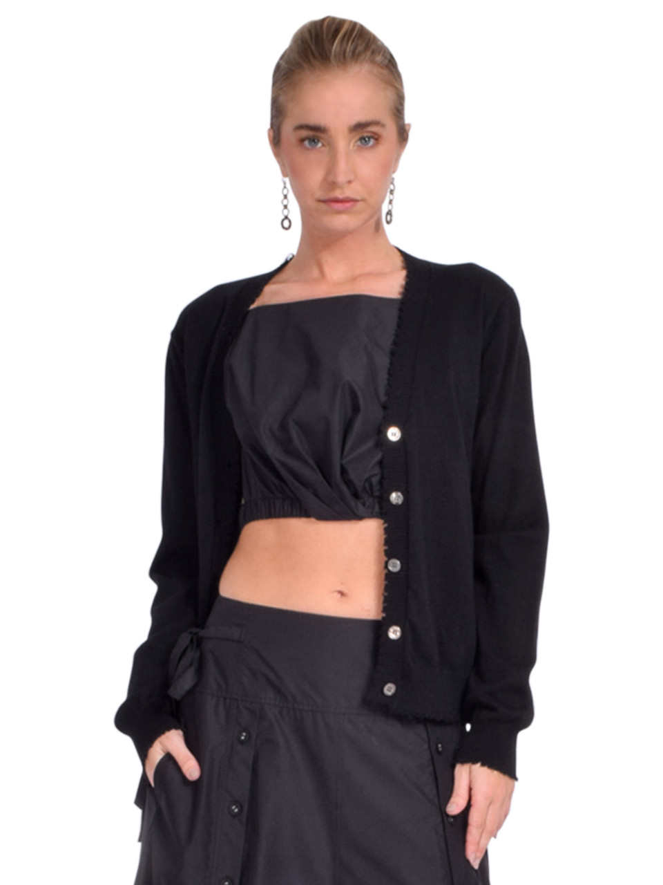 MINNIE ROSE Cotton Cashmere Frayed Cardigan in Black