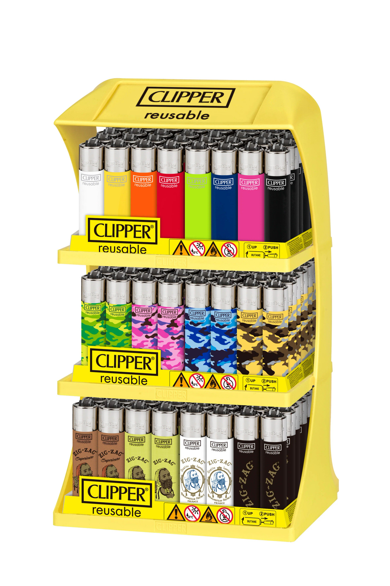 CLIPPER CAROUSEL SOLID AND CAMO AND ZZ LIGHTER DISPLAY - 96CT + 12 FREE