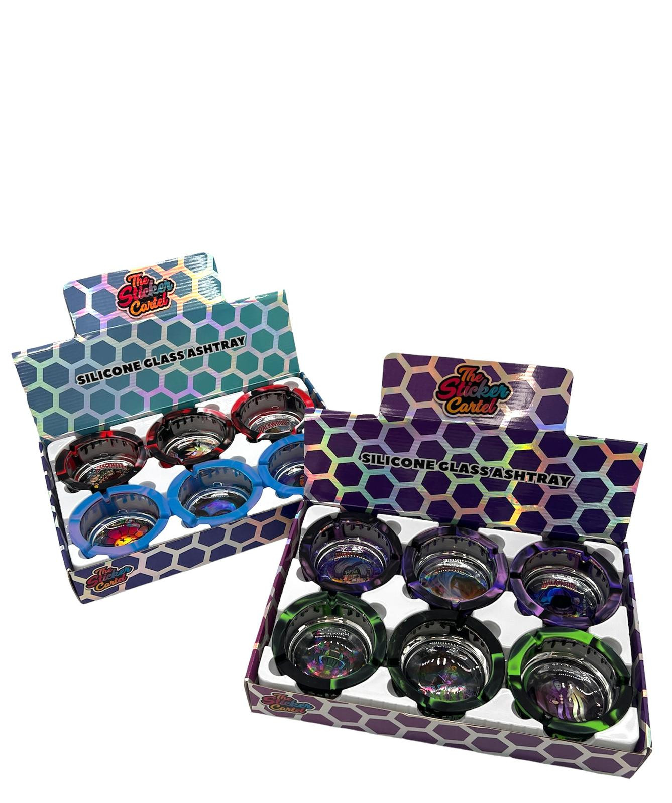 THE STICKER CARTEL ASSORTED DESIGN GLASS/SILICONE ASHTRAY DISPLAY - 6CT