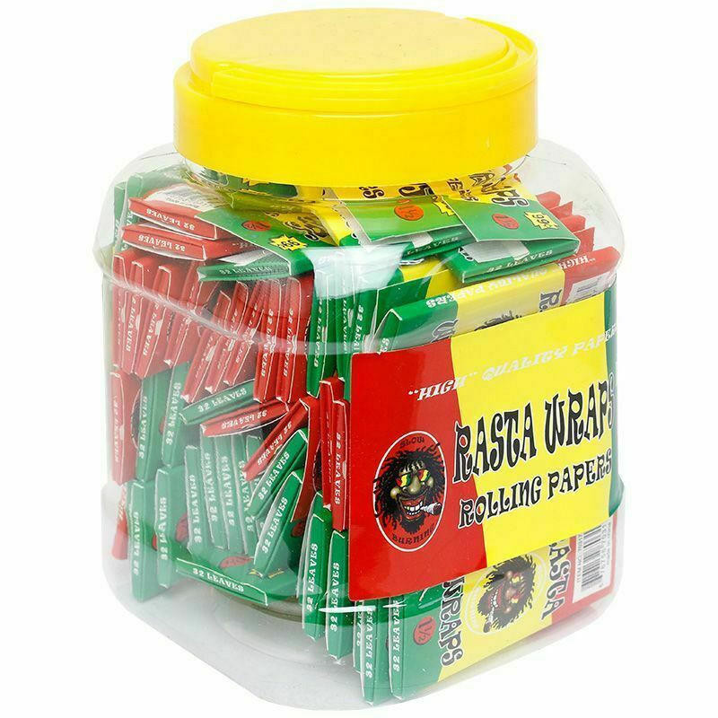 RASTA WRAPS 1 1/2 ROLLING PAPERS JAR DISPLAY - 50CT