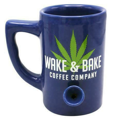 BLUE WAKE & BAKE COFFEE PORCELAIN PIPE MUG 5" (WP115)