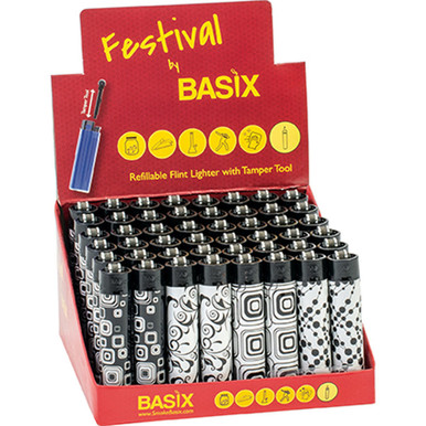 FESTIVAL BY BASIX LIGHTERS BLACK & WHITE PATTERNS - DISPLAY OF 48CT