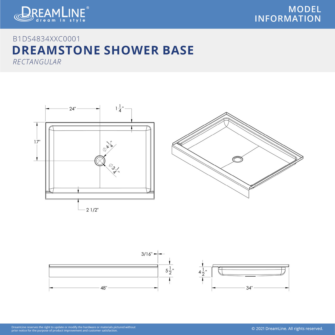 Solid Surface Shower Pan | 48 x 34 | White | Center Drain