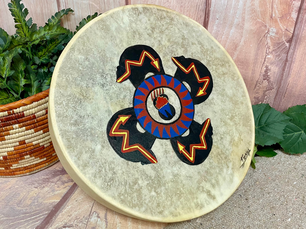 Painted One Sided Hand Drum 16"- Four Bears