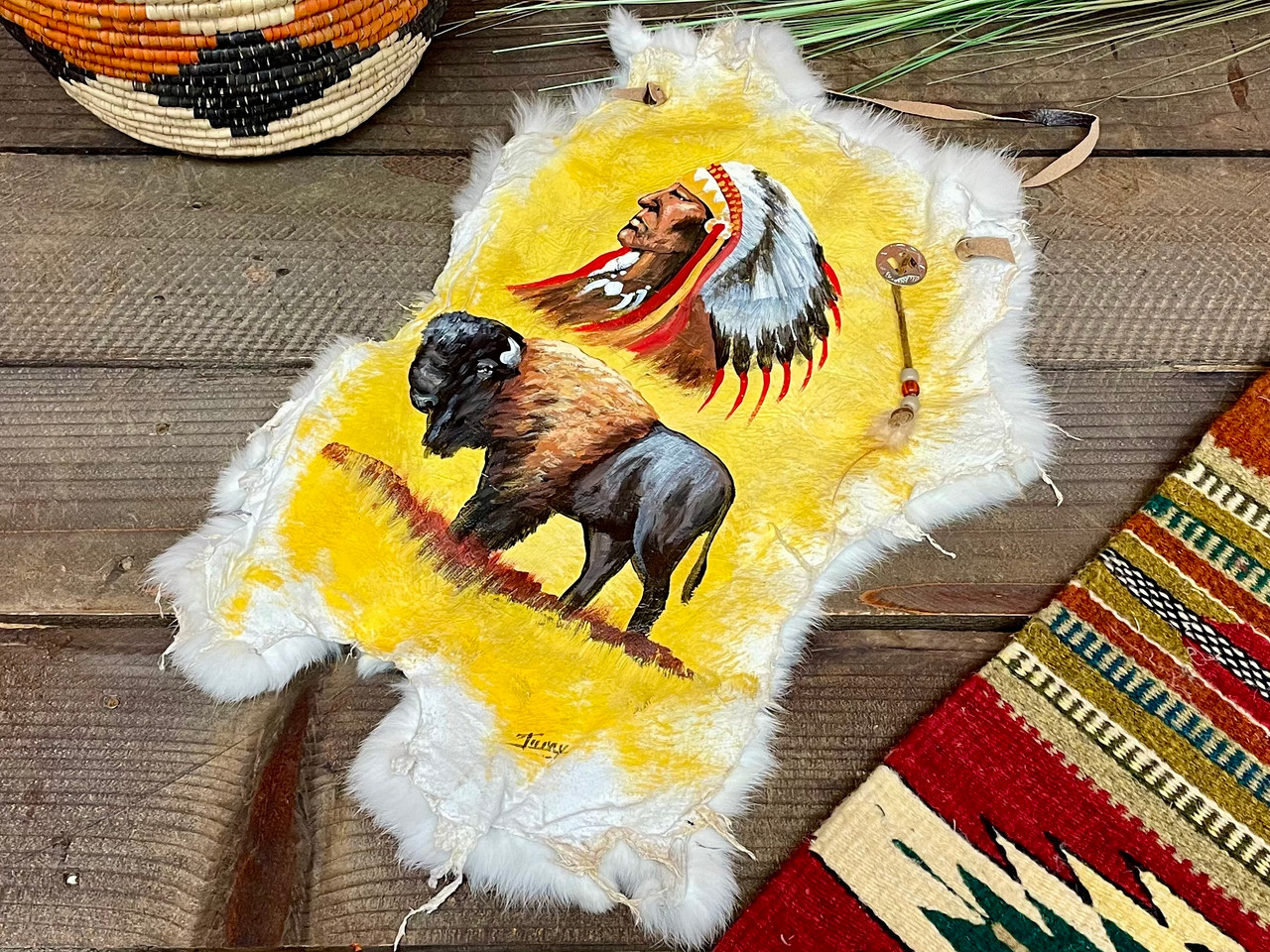 Rustic Hand Painted Rabbit Hide - Buffalo Chief (87phide141)