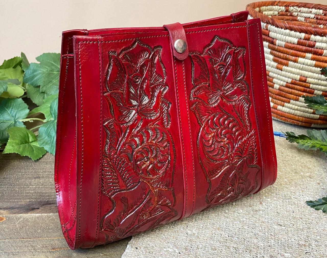 Southwestern Tooled Leather Purse -Red (419) - Mission Del Rey Southwest