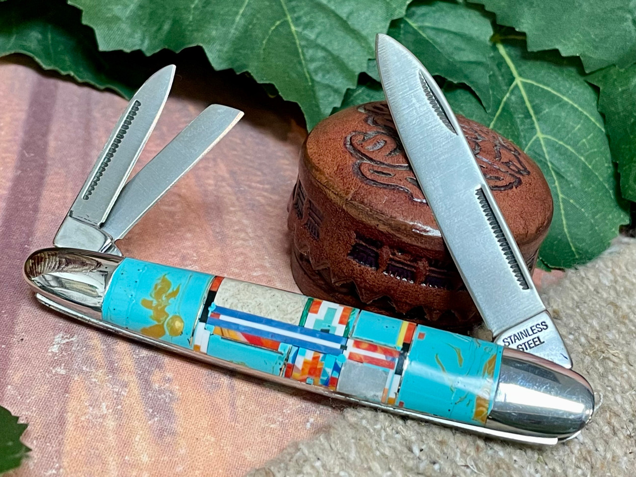 Western Style Inlaid Pocket Knife (188bc11) - Mission Del Rey Southwest