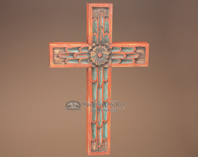 Western Hand Carved Wooden Cross 17" (c31) - Mission Del Rey Southwest LLC