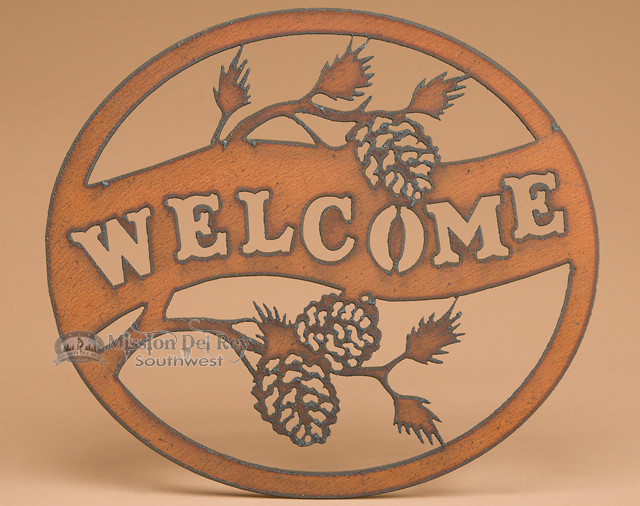 Rustic Metal Art Welcome Sign -Pine Cones (p338) - Mission Del Rey ...