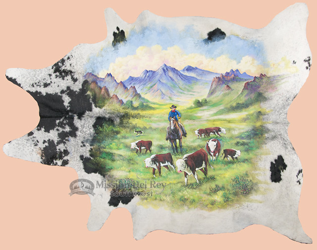 Western Hand Painted Cowhide Wall Hanging 95x78 -Cowboy (p70) - Mission ...