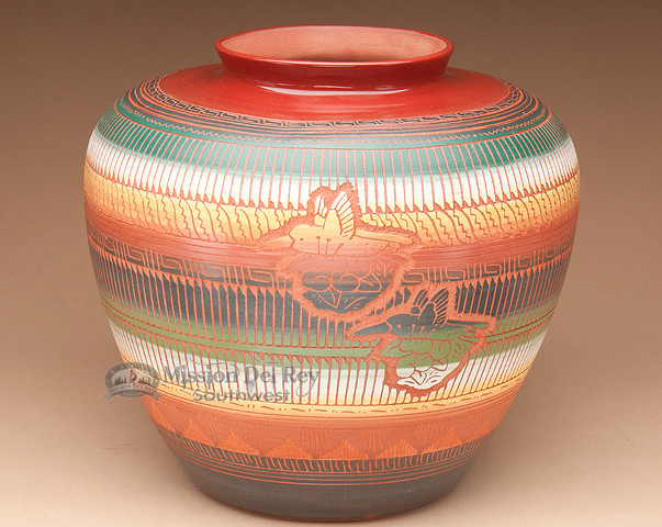 American Indian Navajo Etched Pottery Vase 9"x9" (T12) - Mission Del ...