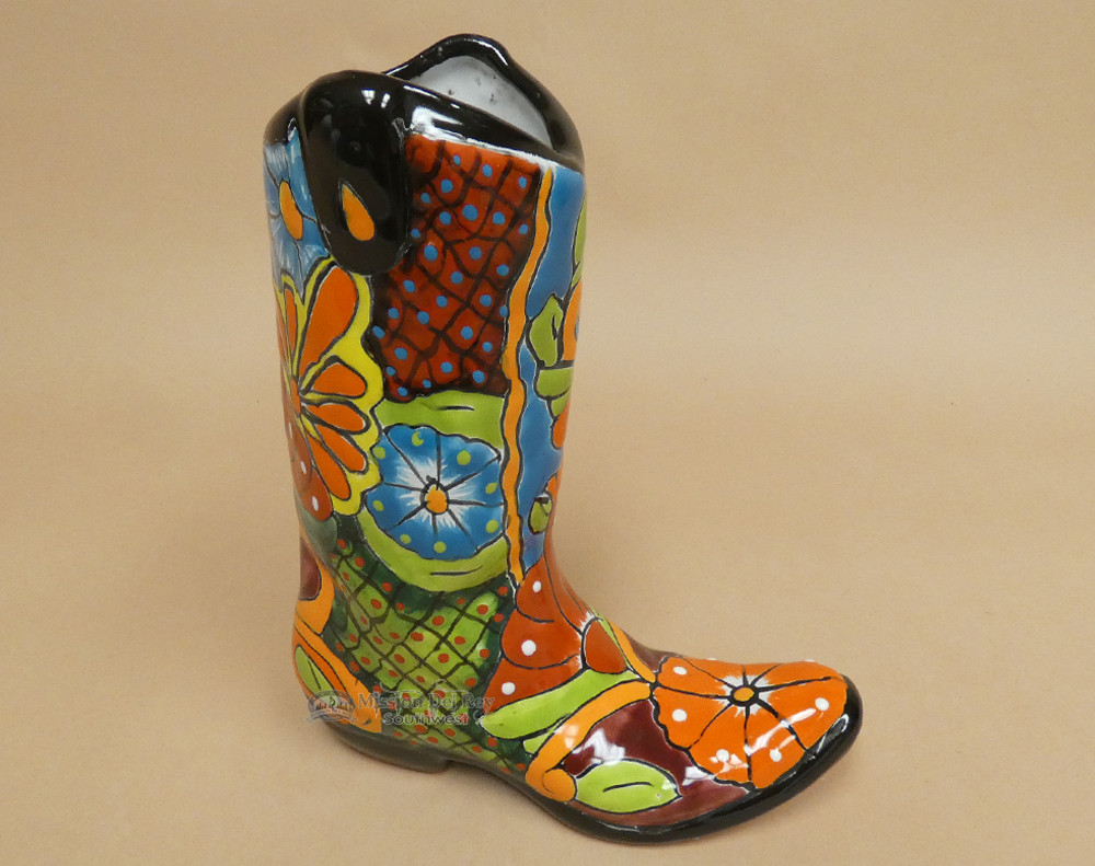 Large Hand Painted Mexican Talavera Boot - Mission Del Rey Southwest LLC