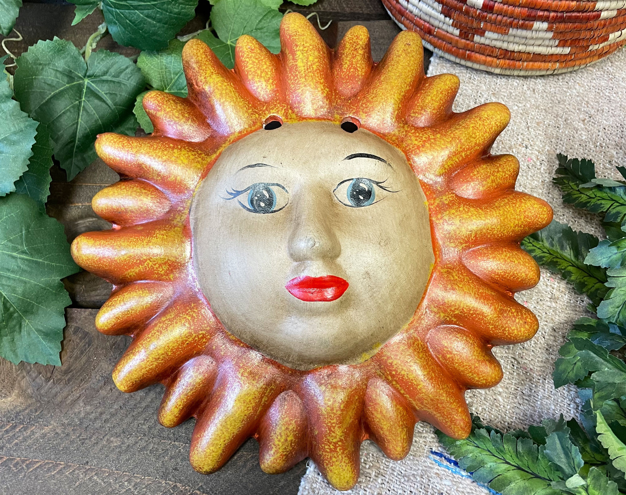 Hand Painted Hanging Clay Sun 12" (2bc426) - Mission Del Rey Southwest LLC