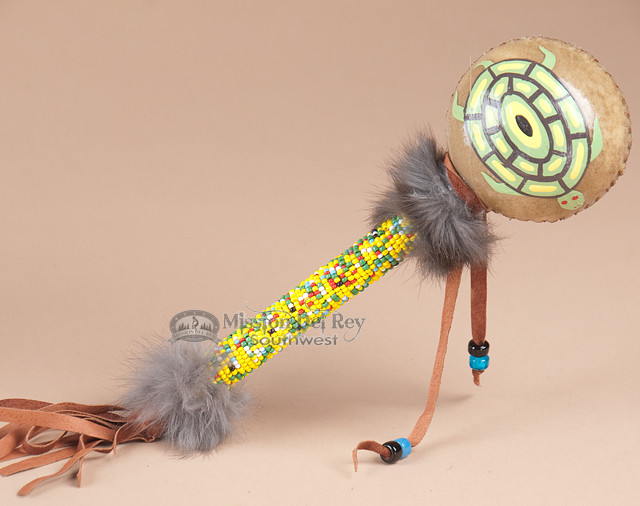 Beaded Navajo Rawhide Rattle 11" (153) - Mission Del Rey Southwest LLC