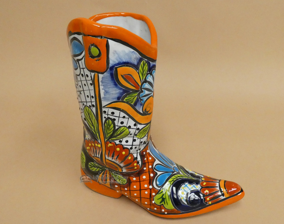 Large Mexican Hand Painted Talavera Boot - Mission Del Rey Southwest LLC