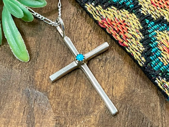Turquoise & Silver Cross Necklace -Navajo Indian (187pdn270t)