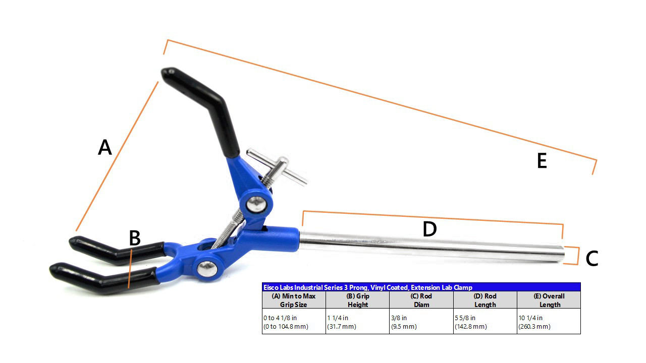 3 Finger, Vinyl Coated Extension Clamp on Stainless Steel Rod, 3.4" Max ...